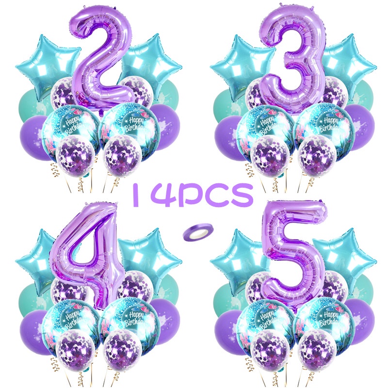 14pcs Mermaid Party Balloon 32inch Purple Number Foil Balloon Summer ...