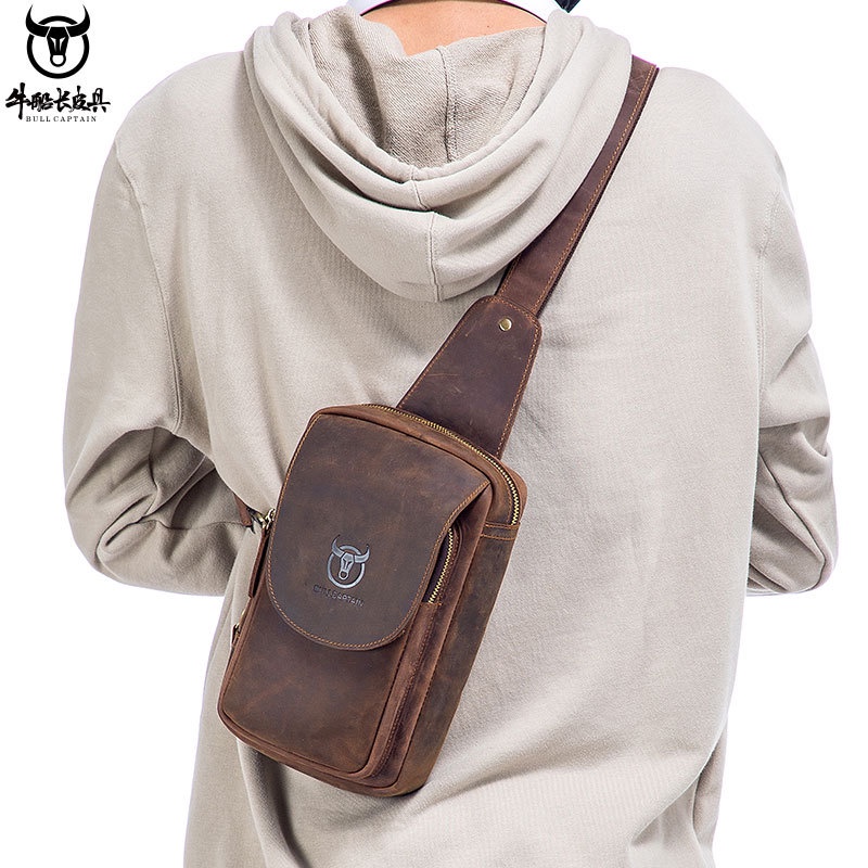 BULLCAPTAIN Men's Crossbody Bags Crazy Horse Leather Chest Bag's ...
