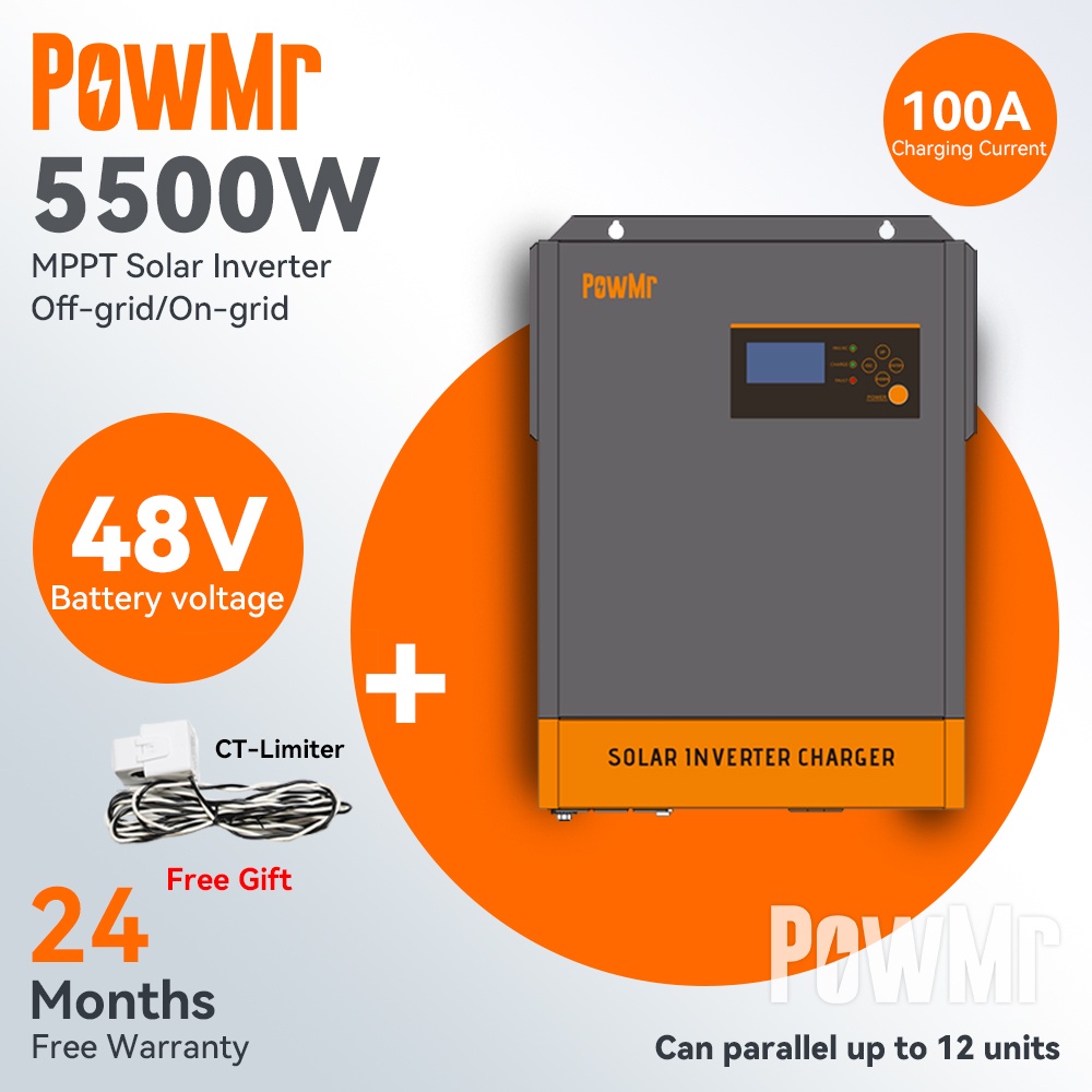PowMr MPPT 5.5KW Off-grid/On-grid Pure Sine Wave Solar Hybrid Inverter 48Vdc 230VAC Built-In ...