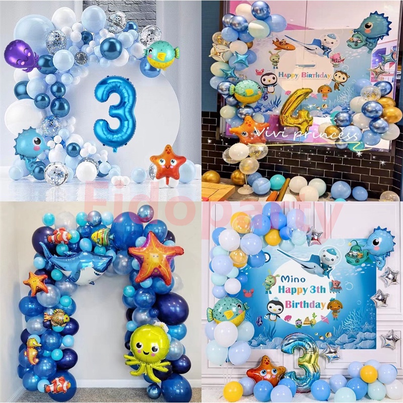 72pcs Ocean Underwater Theme Blue Arch Balloon Garland Set Fish Marine ...