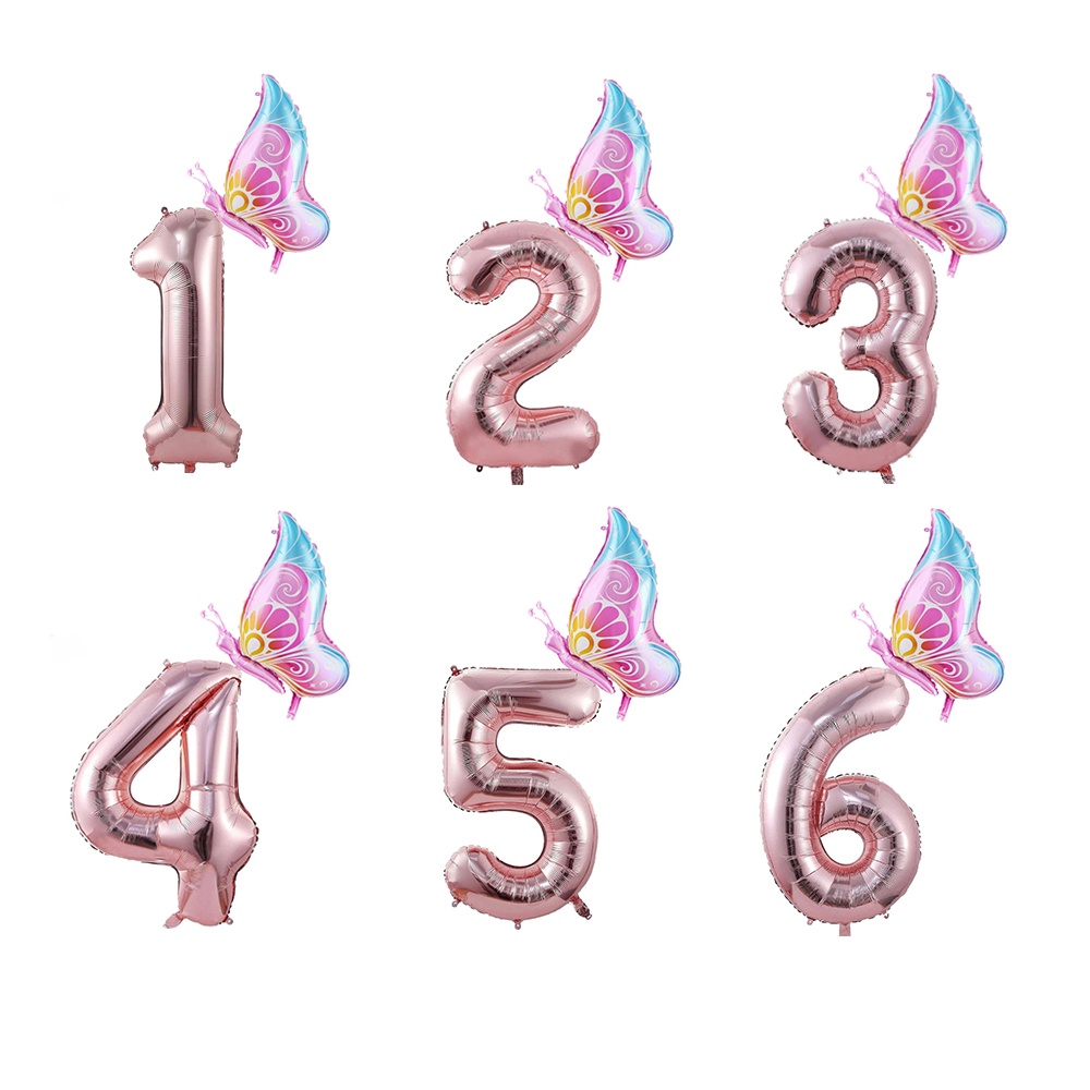 32 inch Butterfly Birthday Foil Balloons Set Rose Gold Number Balloons ...