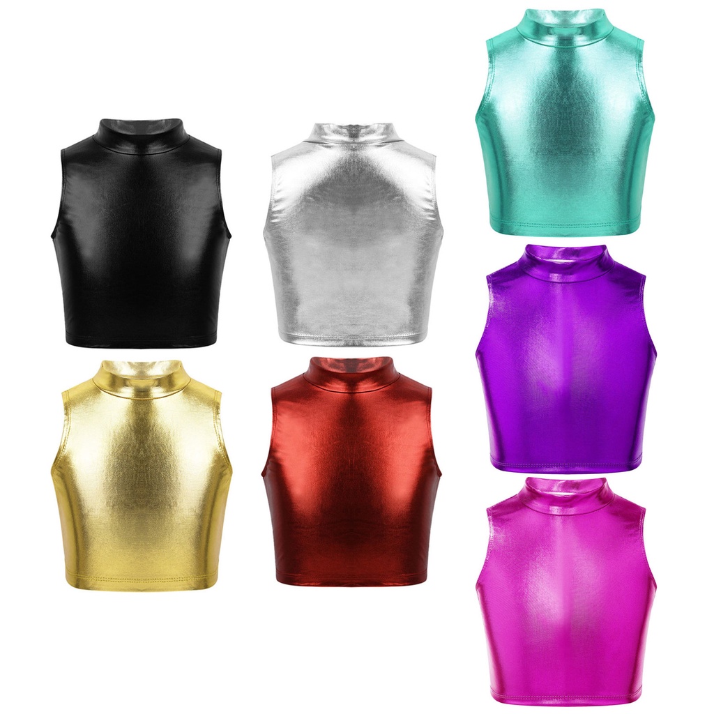 Kids Girls Metallic Sleeveless Turtleneck Crop Tank Tops for Ballet ...