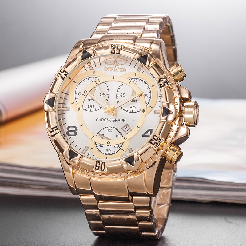 Invicta Gold Three Eyes Big Dial Steel Band Waterproof Quartz Men Watch ...