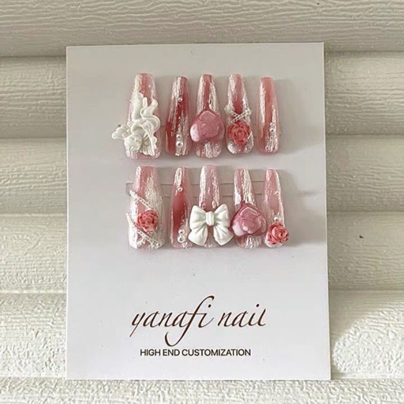 Fake Nails Nail Patch Lock Love Angel Baroque Nail Wear Nail Pink Long ...