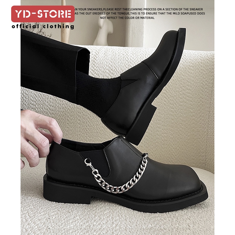 British Yuppie Square Toe Leather Shoes Men's Flat Toe Trendy Thick ...