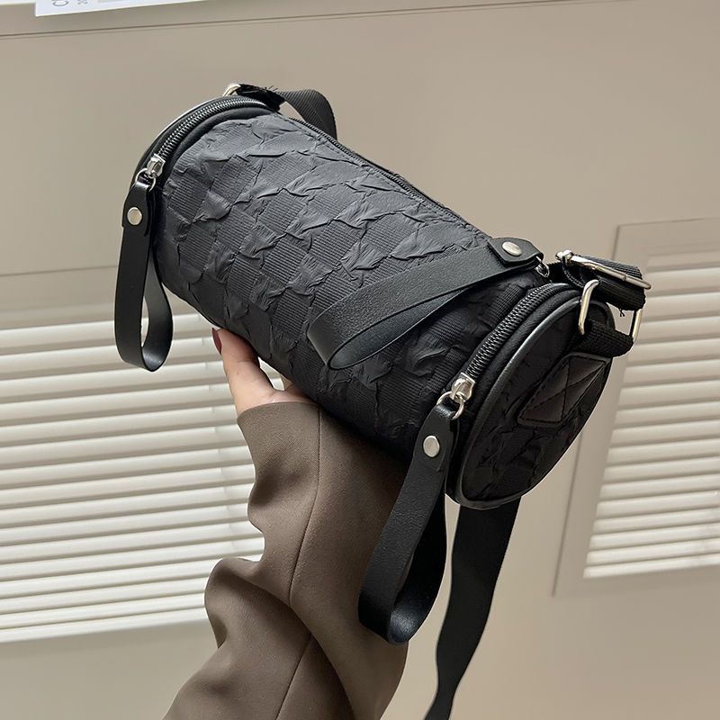 Checkerboard cylinder bag women's bag fashion bucket bag ins shoulder ...