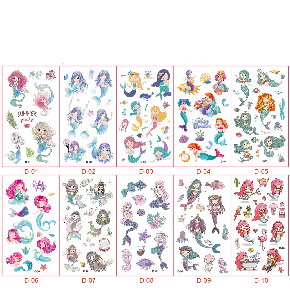 10Sheets/Set Kid Cartoon Mermaid Tattoo Stickers Waterproof Tattoos ...
