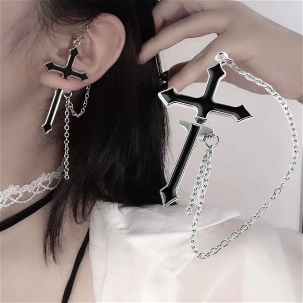 Punk Black Cross Sword Ear Piercing Earrings With Long Chain Hanging ...