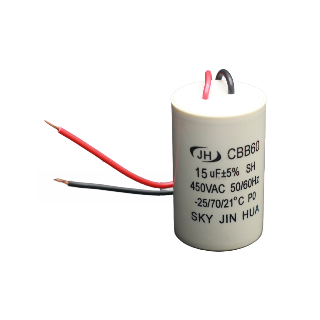 MOTOR RUN SH CAPACITOR 15UF CBB60 450VAC, WIRE LEAD CYLINDER WHITE ...
