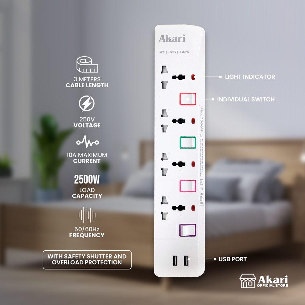 Akari 4 Gang USB Extension Cord (AEC-H2204) | Shopee Philippines