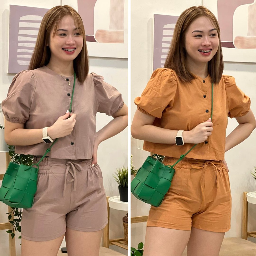 YAREE.CO Angela Linen Puffsleeves Button top + shorts Terno Coordinates ...