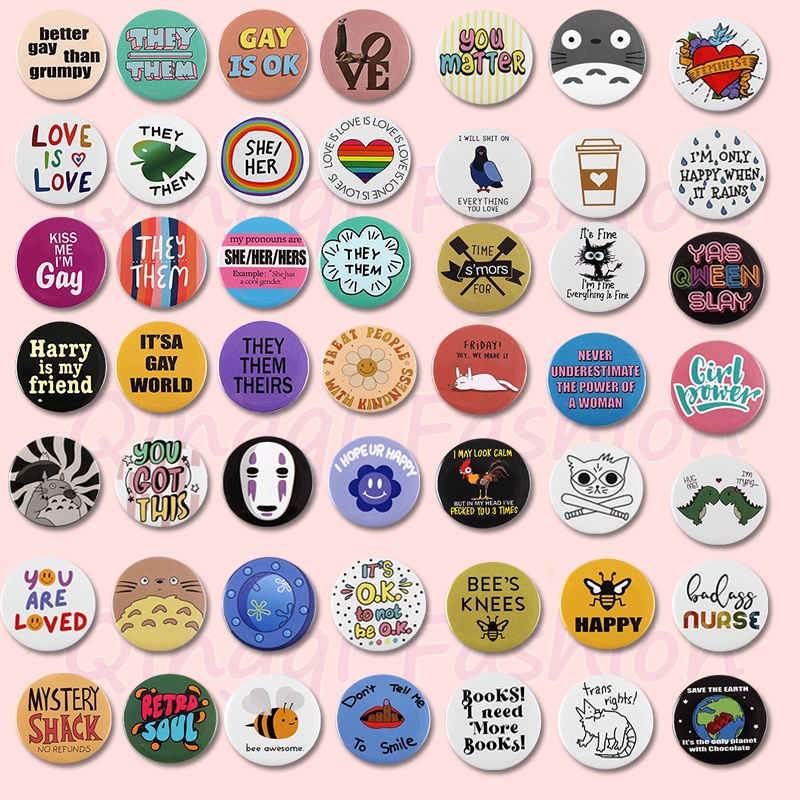 50 Styles Cartoon Text Quotes Button Tinplate Pin Cute Cat Bee Totoro ...