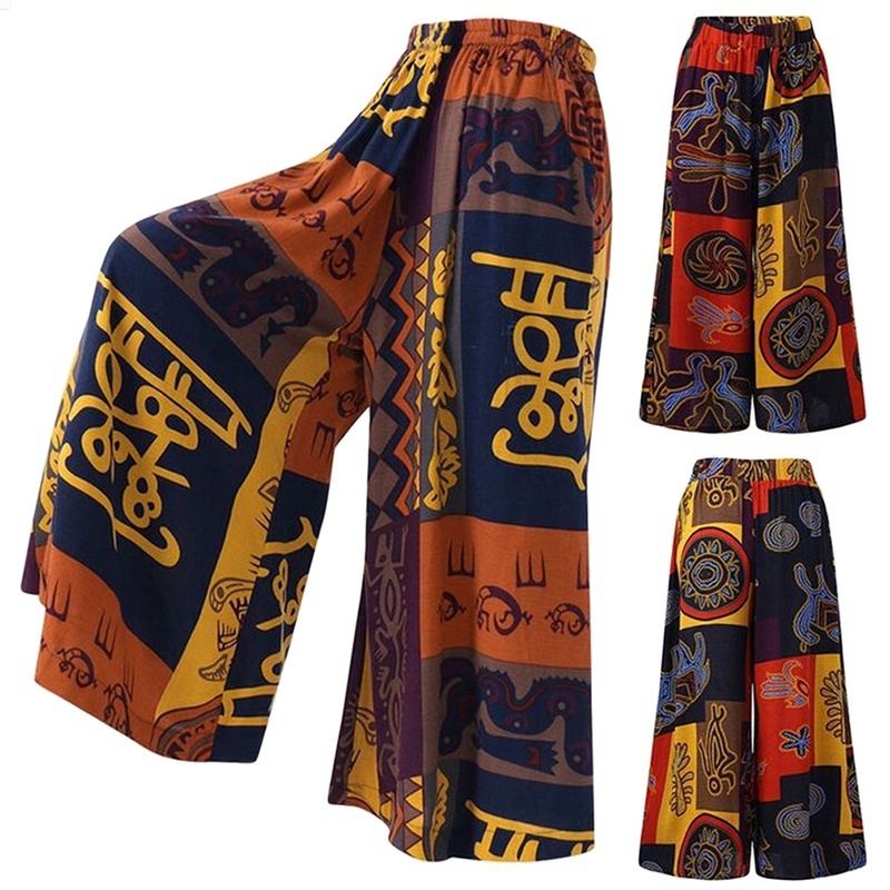 S-5XL Plus Size Women's Loose Print Casual Bohemian Straight Leg Wide ...