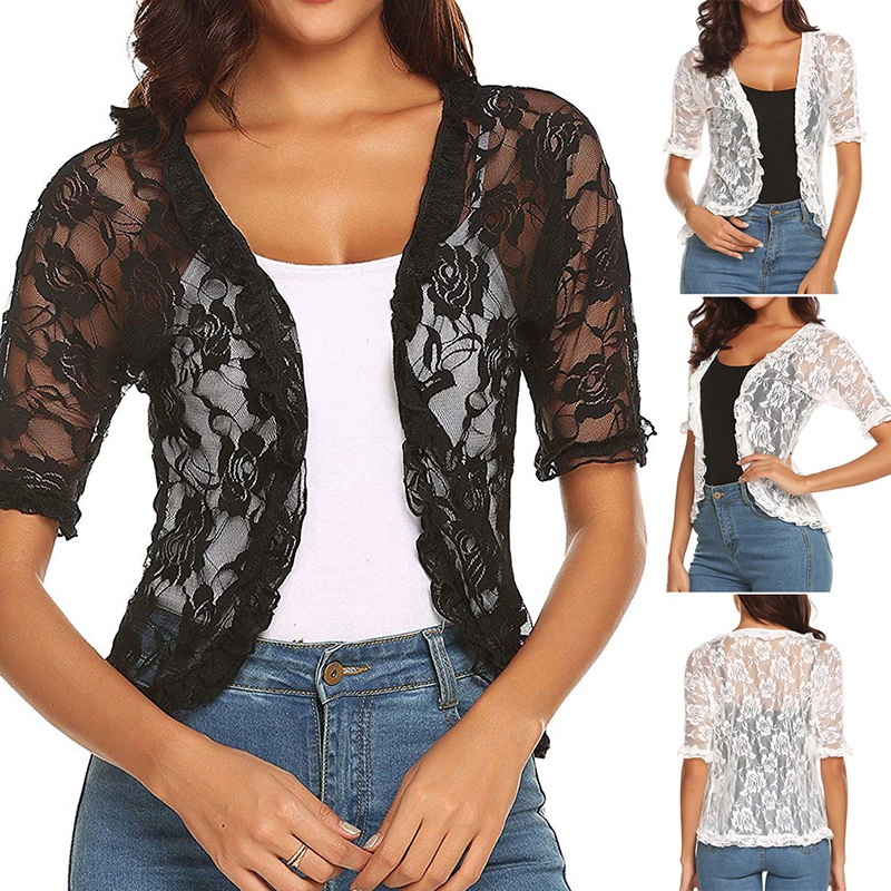Women's Fashion Elegant Bolero Shrug Half Sleeve Lace Crochet Ruffle ...