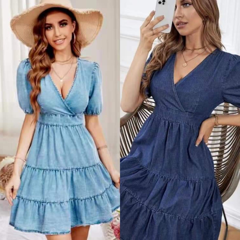 Fashionable V Neck Denim Layered Midi Dress Casual Formal Classic Style ...