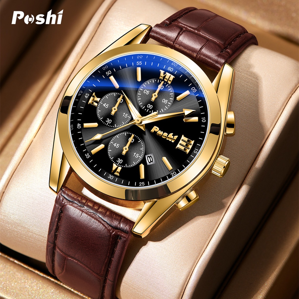POSHI Men's Watches Waterproof Leather Band Date Sports Chronograph ...