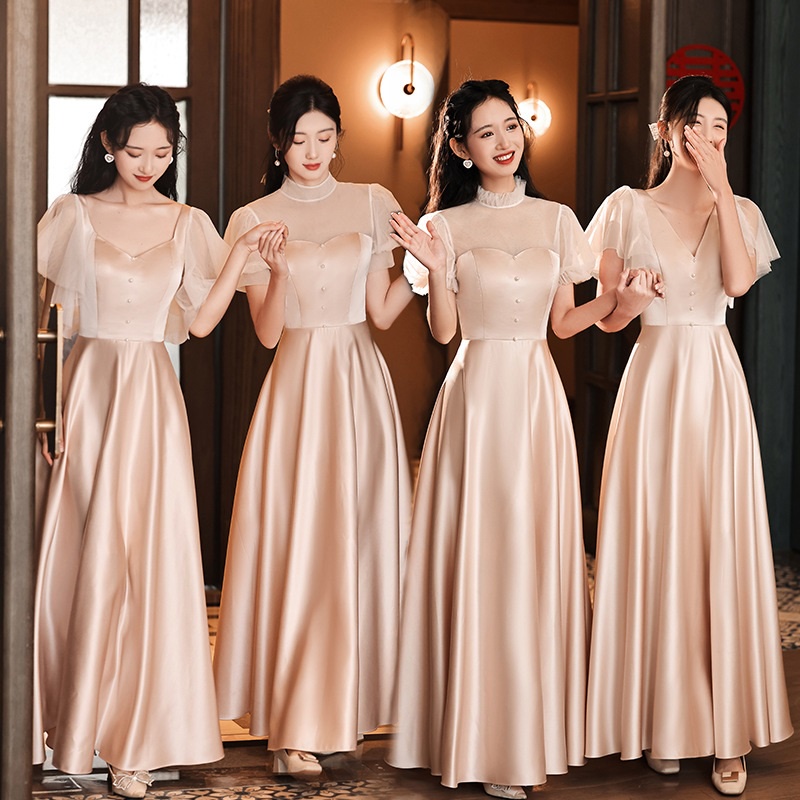 Champagne Satin Wedding Bridesmaid Dress Simple Short Sleeve Wedding ...