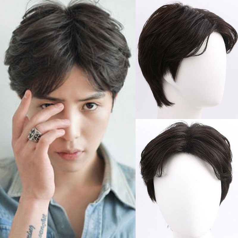 100% Human hair line wig Hair Wig, Middle Split, Men's Short Hair, Full ...