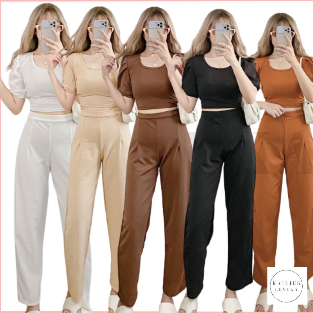 LESEKA Yasmine Square Neck Puff Sleeve Terno Pants high Waist Crepe Fabric Fit S to M TP-A005 ...