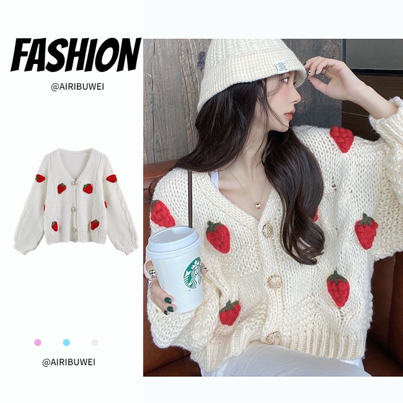 [COD] Women Sweet Strawberry Knitted Jacket V-Neck Top Korean Style ...
