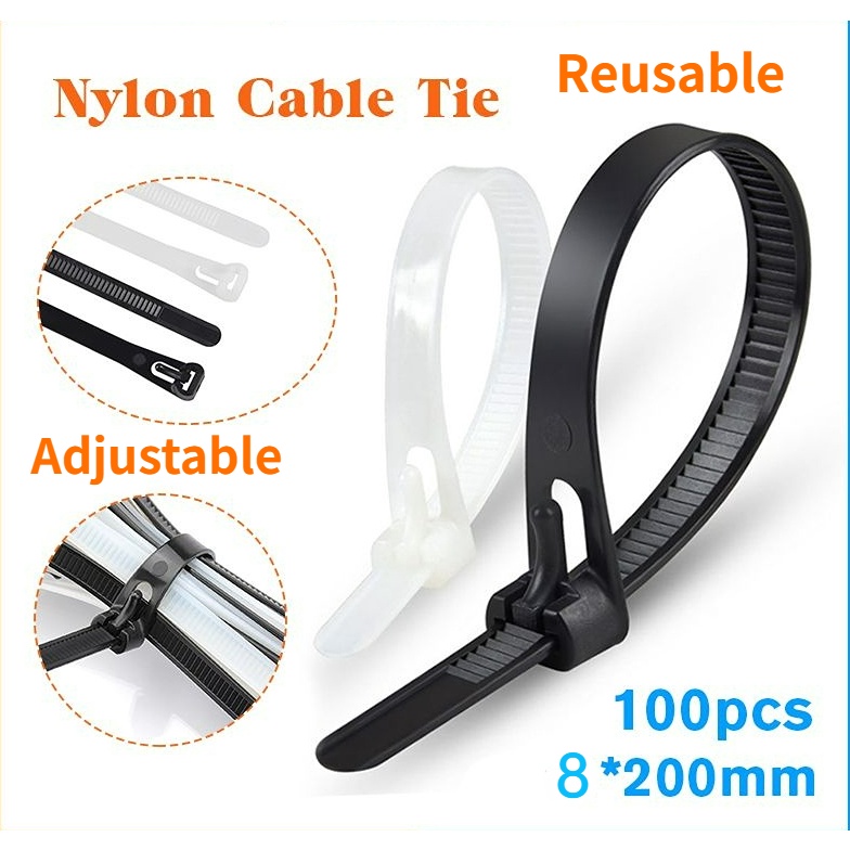 100PCS 8*200mm Reusable Adjustable Nylon Cable Zip Tie Self-Locking ...