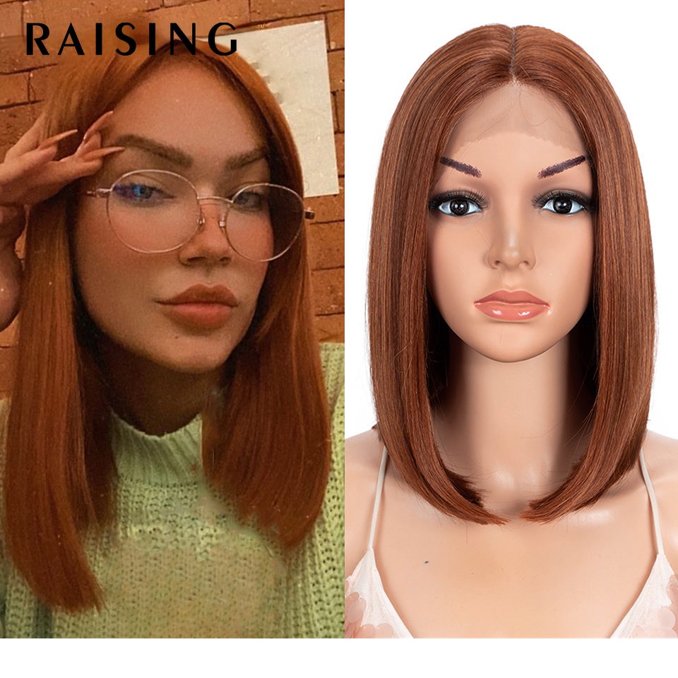 Raising Straight Synthetic Lace Wig Short Bob Ombre Blue Ginger Middle ...