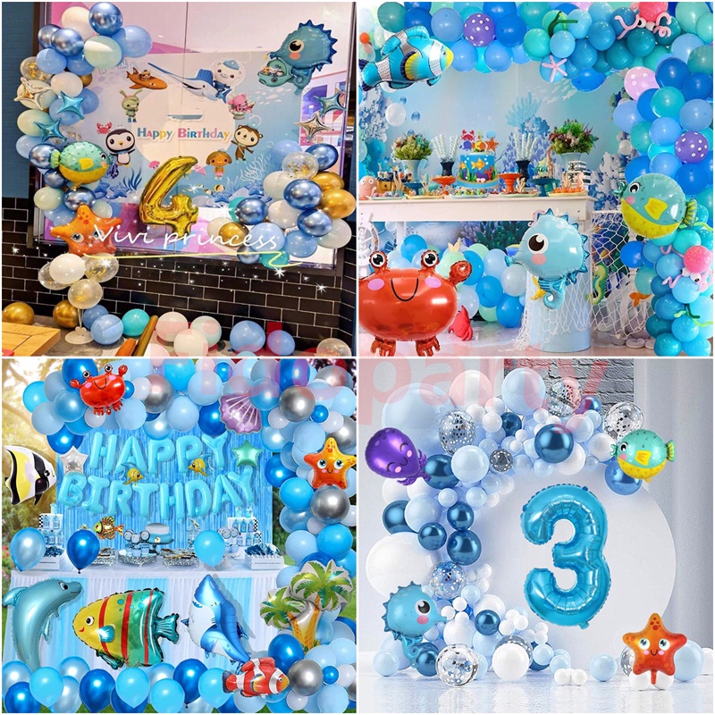 72pcs Ocean Animal Theme Birthday Banner 32inch Blue Gold Number ...