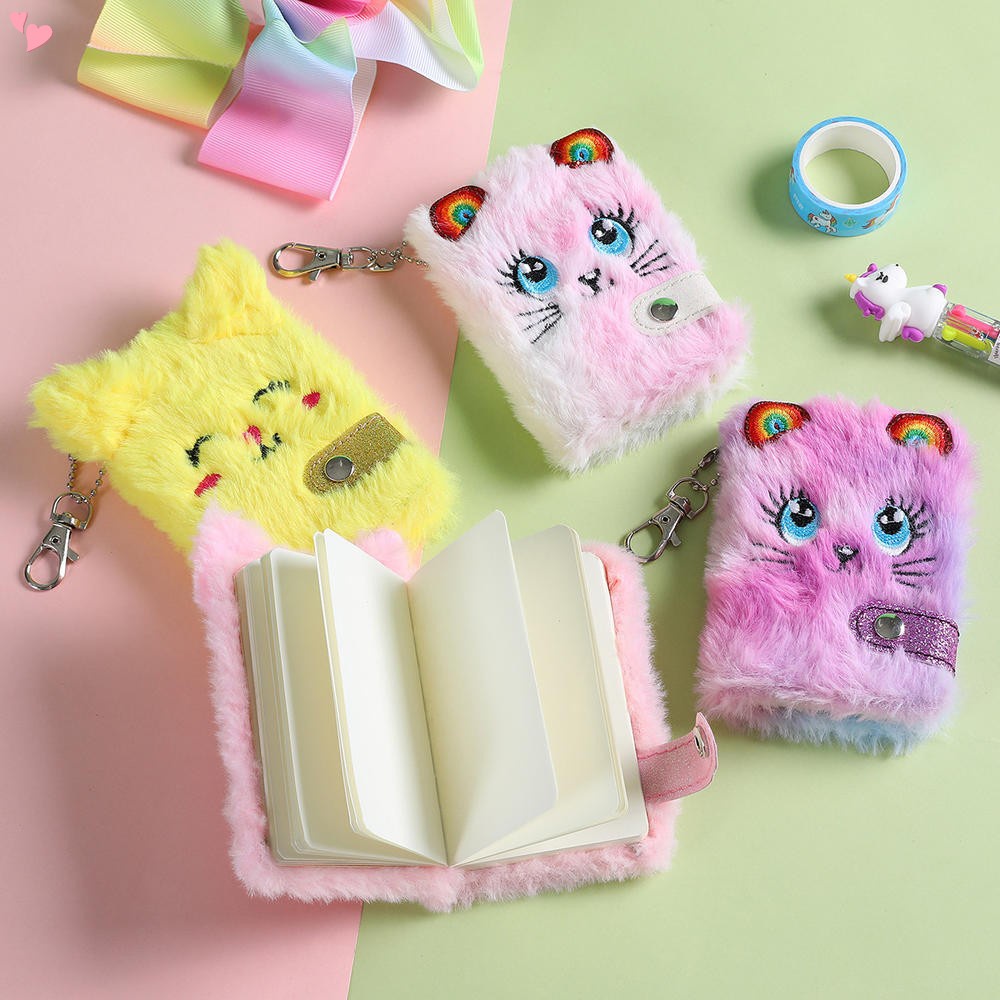 Cute Cat Face Plush Mini Pocket Notebook with Keychain, Kids Girls Boys ...