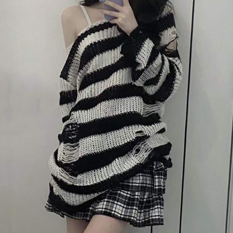 Karrcat Punk Gothic Long Sweater Women Dark Aesthetic Striped Pullovers Hollow Out Oversized ...