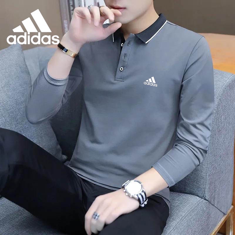 Men's Slim Polo Shirt Cotton Plain Collar Polo Long Sleeve Solid Color ...