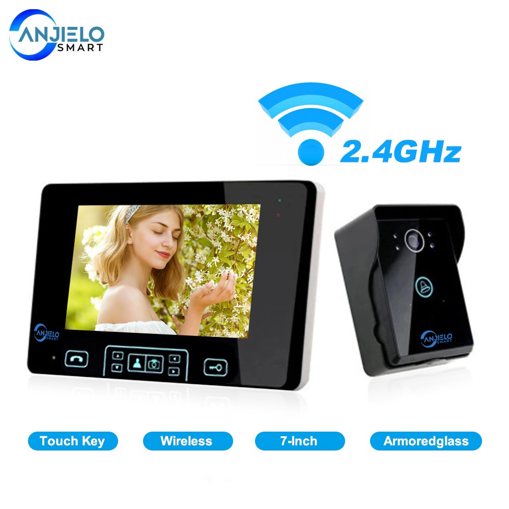 ANJIELO 7 inch wireless doorbell portable monitor touch button wireless video intercom access ...