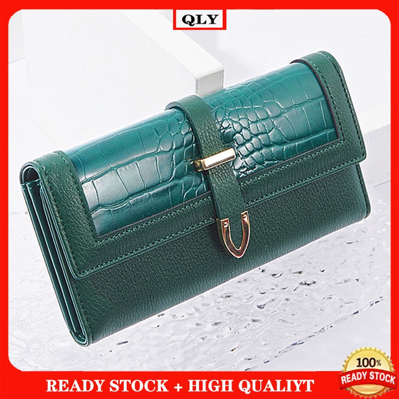High End Oil Wax Leather Long Wallets Women Crocodile Pattern Buckle ...