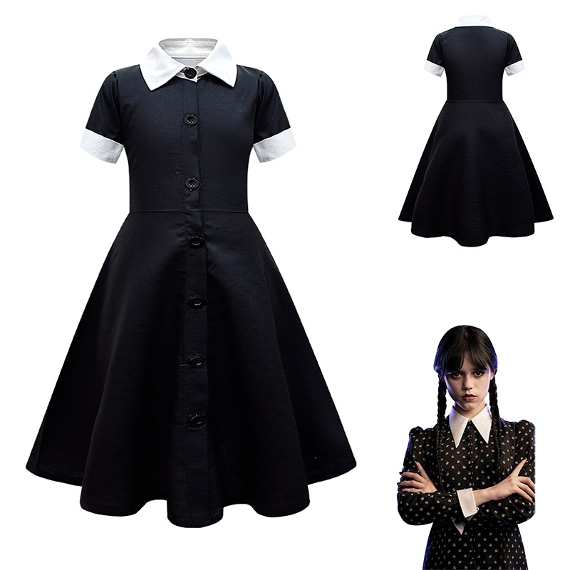 Girls Dresses Wednesday Peter Pan Gothic Lapel Button Black Halloween ...
