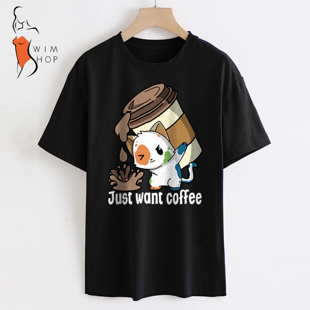 SS Cat Coffee Streetwear Style Black Fashion Printed Graphic Tee Shirt ...