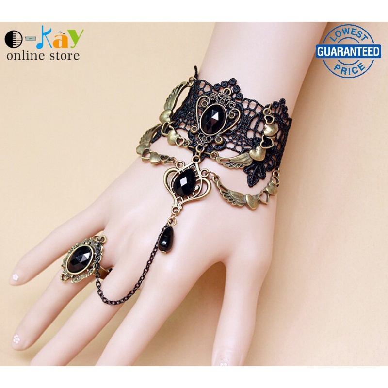 O-KAY Retro Punk Gothic Lace Hand Chain Hand Bracelet Slave Chain ...