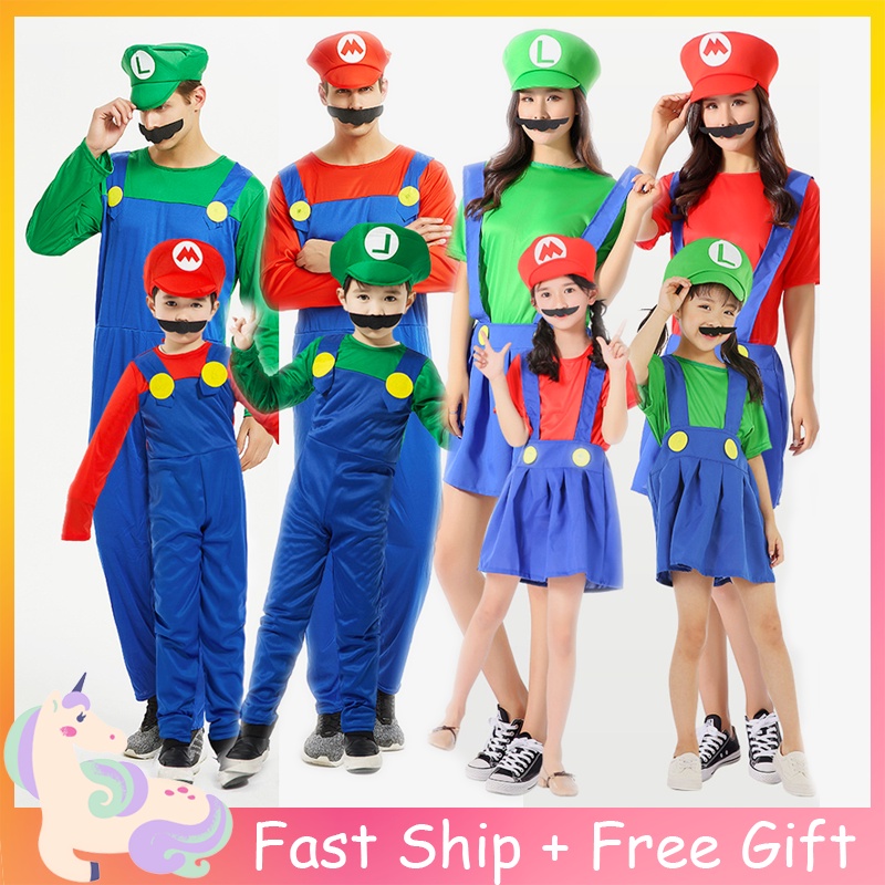 Super Mario Bros Cosplay Costume Jumpsuit with Hat Set Body Suit Adults ...