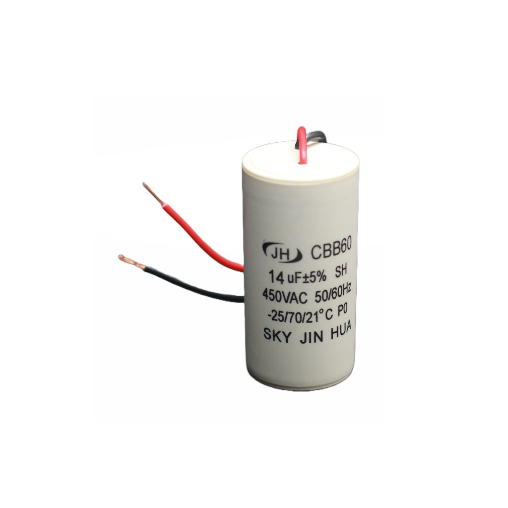 MOTOR RUN SH CAPACITOR 14UF CBB60 450VAC, WIRE LEAD CYLINDER WHITE ...
