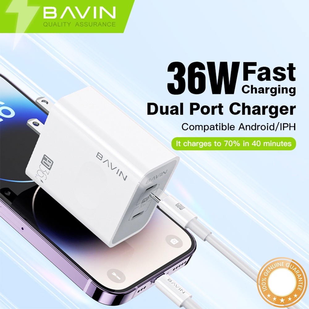 [GK] BAVIN PC859 36W PD Super Fast Charging Dual Port PD + QC3.0 W/ 1 Meter Data Cable Type-C ...