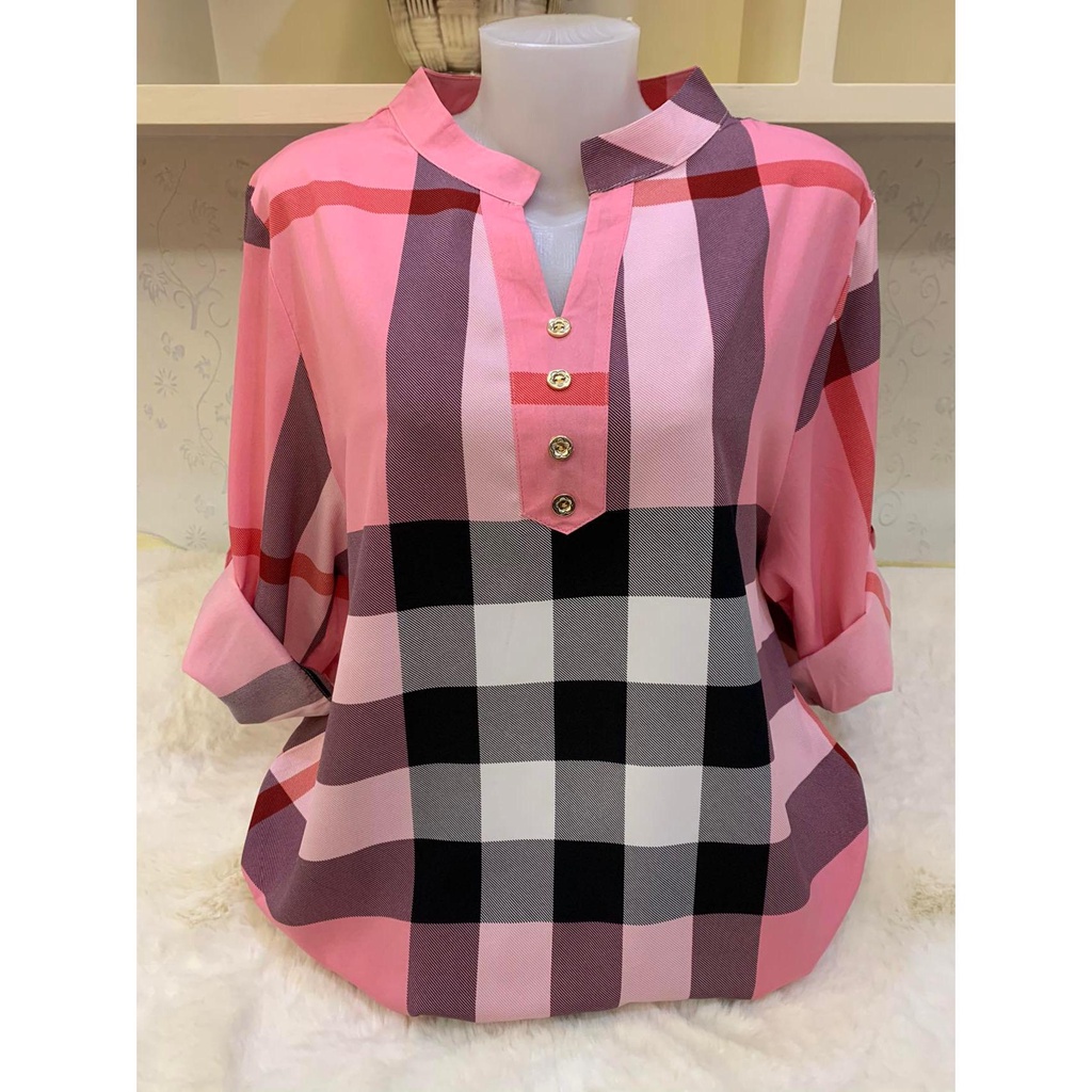 MARS plaid plus size v-neck 3/4 sleeve plus size checkered top 1075 ...