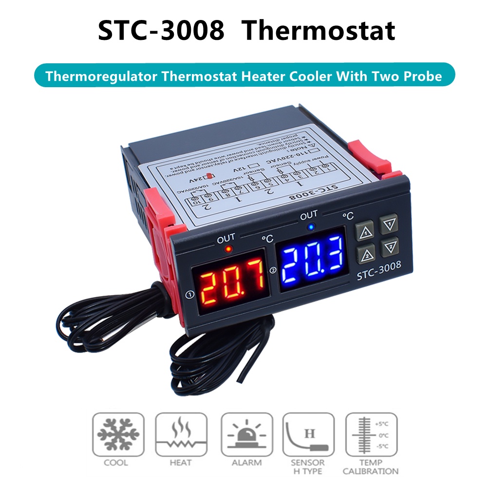Dual Digital STC-3008 Temperature Controller Two Relay Output Thermostat Heater with Probe 12V ...