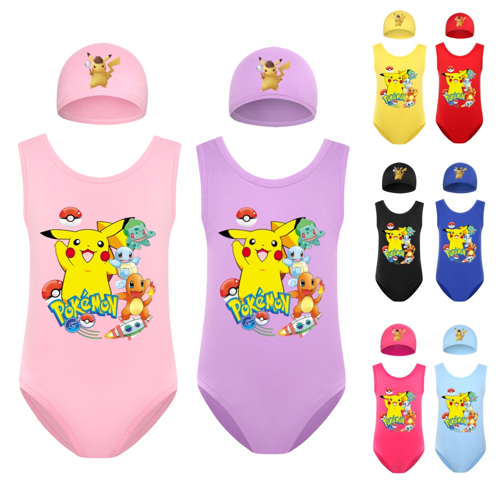 Pokemon Pikachu Girls Swimsuit Cute Cartoon Style Children's One Piece ...