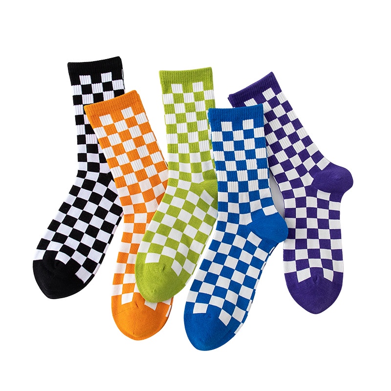 Spring and Autumn Men's and Women's Stockings Checkerboard Socks Pure ...