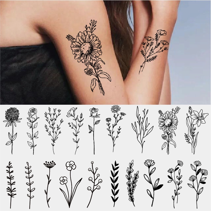 Black Small Flower Waterproof Tattoo Sticker For Women Plant Lavender ...