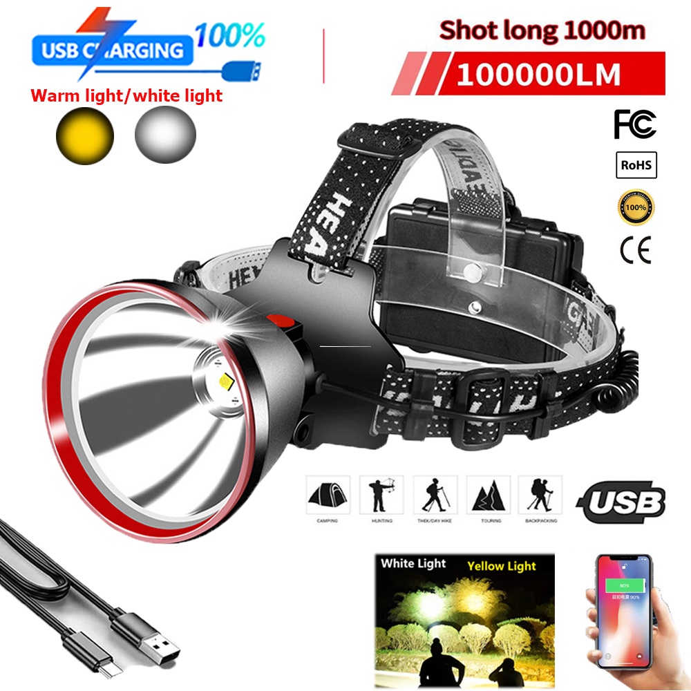 Super Powerful NEW 1000M Long Range White Yellow Light XHP90 Led Headlamp 18650 Headlight USB ...