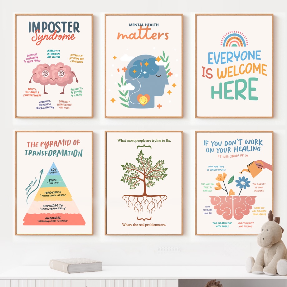 Hand Brain Mental Health Matters Rainbow Wall Art Canvas Painting ...