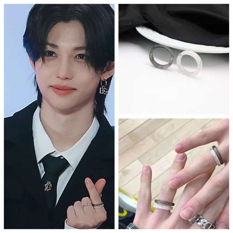 Kpop Stray kids Hyun Jin Felix Homaica Same Ring 2pcs/Set Black White ...
