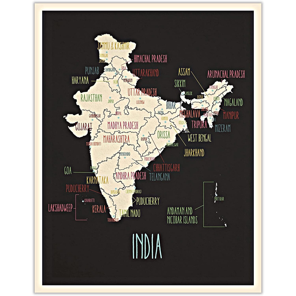 Map of India India Wall Map Art Poster X Black Map Art of India Print ...