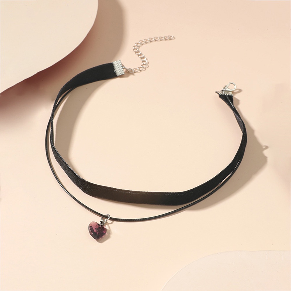 Simple Rhinestone Heart Pendant Necklace Two Layer Velvet Choker For ...