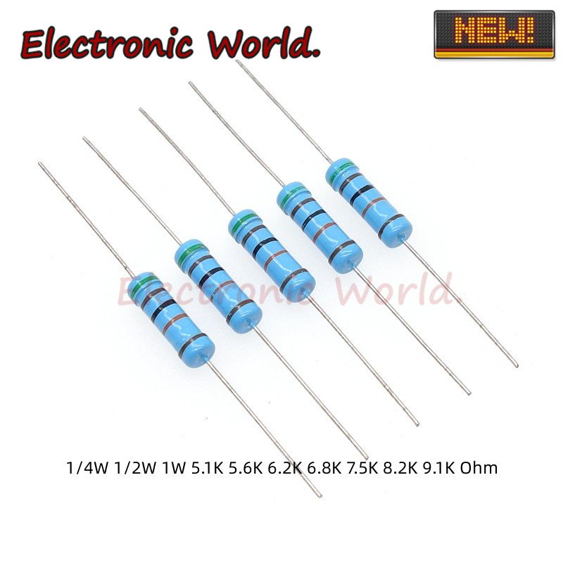 100Pcs Metal film resistor 1% 1/4W 1/2W 1W 5.1K 5.6K 6.2K 6.8K 7.5K 8.2K 9.1K Ohm | Shopee ...