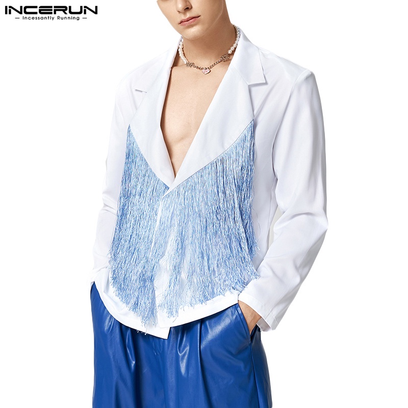 INCERUN Men's fashion patchwork blue fringed long-sleeved suit coat ...